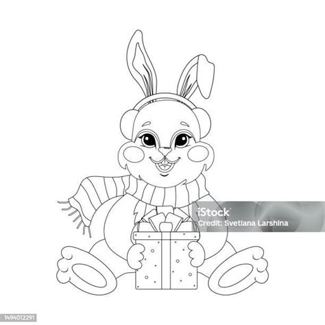 색칠하기 책을 위한 귀여운 토끼 선물 상자가 있는 크리스마스 토끼 흑백 색칠하기 페이지 격리된 벡터 윤곽선 그림입니다 아동 교육