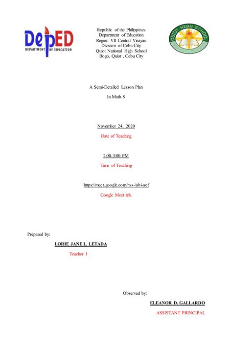 Lesson Plan On Evaluating Rational Algebraic Expression PDF