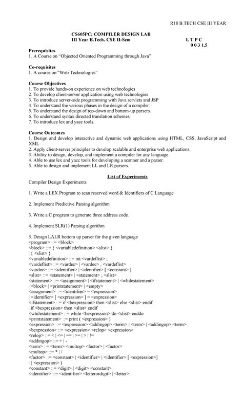 Cd Iii 2 R18 R18 B Cse Iii Year Cs605pc Compiler Design Lab Iii Year B Cse Ii Sem L T P C 0