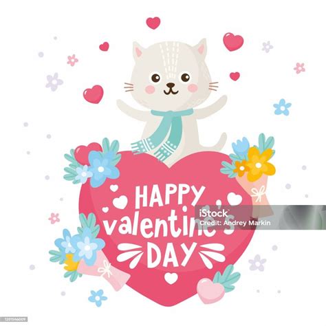 발렌타인 데이 인사말 카드입니다 달콤한 고양이와 귀여운 일러스트 문자와 사랑 테마 요소와 큰 마음 2월에 대한 스톡 벡터 아트 및 기타 이미지 Istock