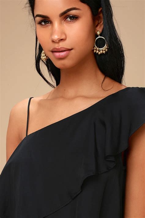 Cute Black Top One Shoulder Top Satin Top