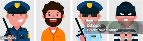 경찰관과 도둑과 죄수의 평면 초상화 세트 컬러 만화 캐릭터 남자 프로필 그림 벡터 일러스트 레이 션의 컬렉션 감방에 대한 스톡 벡터 아트 및 기타 이미지 Istock