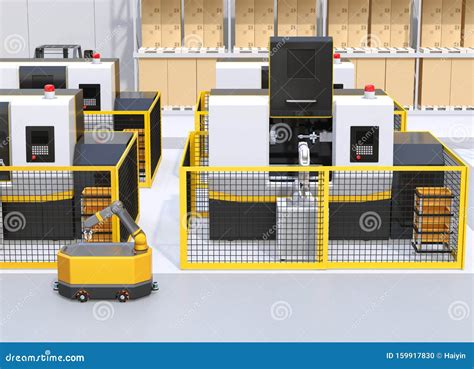Agv Passing Robot Cell Production Units And Cnc Machines Stock Image