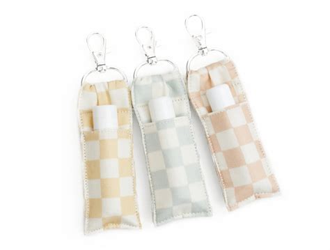 Checkered Lip Balm Holder Keychain Soft Yellow Blue Or Natural Pink