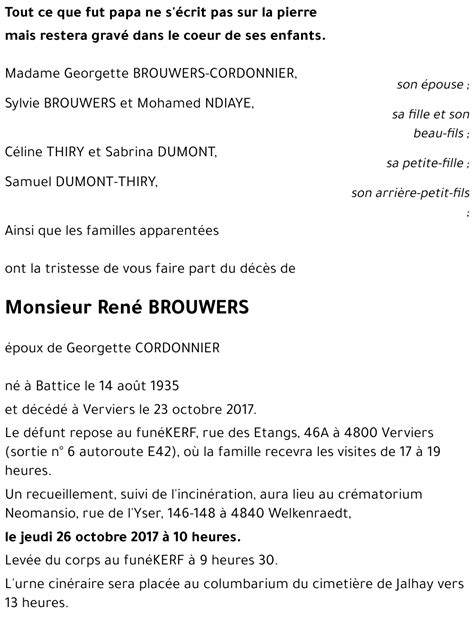 Avis De Décès De René Brouwers Décédé Le 23 10 2017 à Verviers