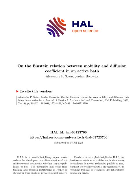 Pdf On The Einstein Relation Between Mobility And Diffusion