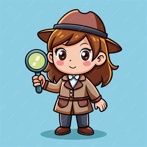 Menina Bonita Com Roupas De Detetive Segurando Uma Lupa De Vetor De