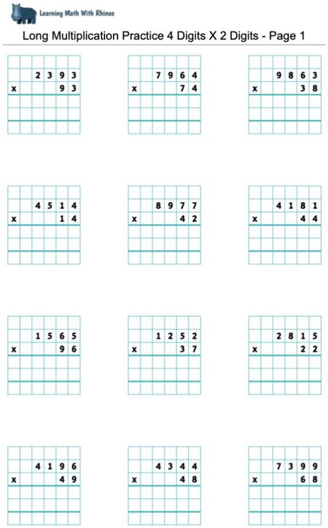 Long Multiplication Practice Digits X Digits Page Rhinomath