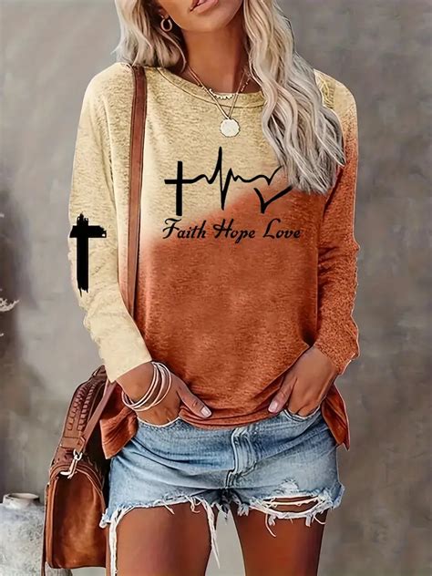 Cross Letter Print Crew Neck T Shirt Casual Long Sleeve Top Temu