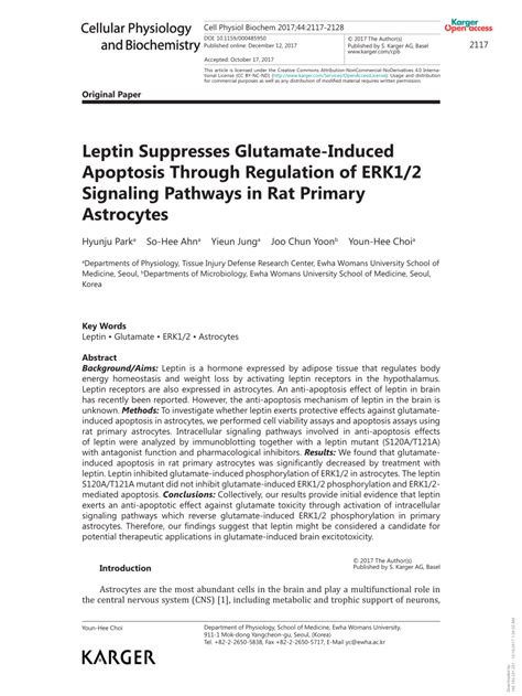Pdf Leptin Suppresses Glutamate Induced Apoptosis Through Regulation