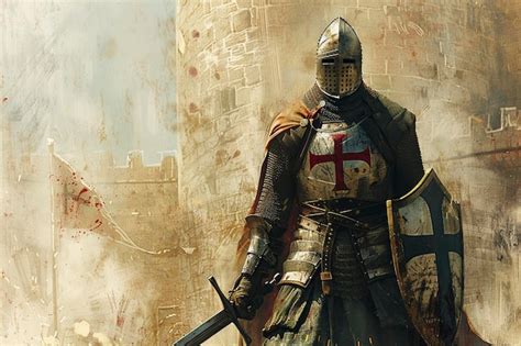 Premium Photo Crusader Knight Holding Sword And Shield