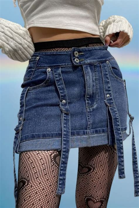 Egirl Blue Denim Mini Skirt Denim Pencil Skirt Denim Mini Skirt Anime