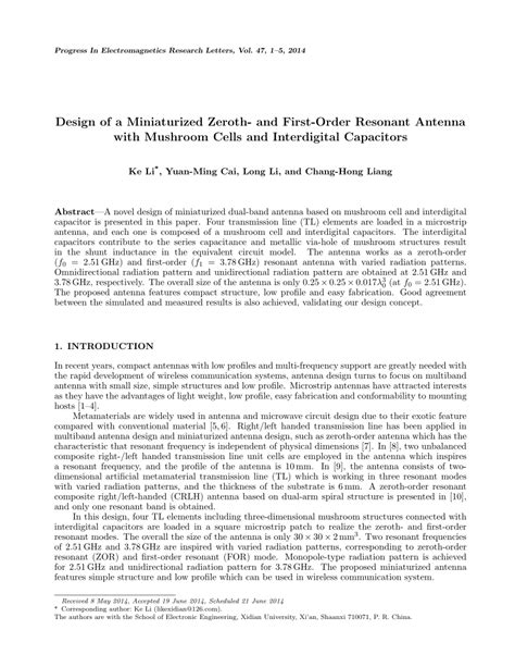 Pdf Design Of A Miniaturized Zeroth And First Order Resonant Antenna With Mushroom Cells And