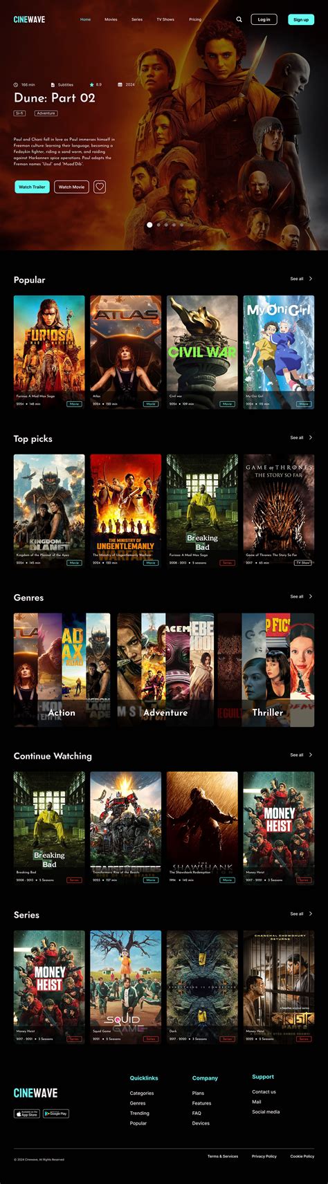 CINEWAVE Streaming Website Landing Page Design Behance