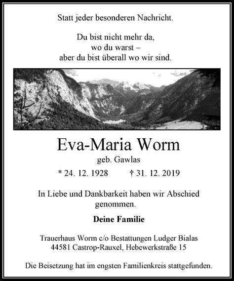 Traueranzeigen Von Eva Maria Worm Trauer In Nrw De