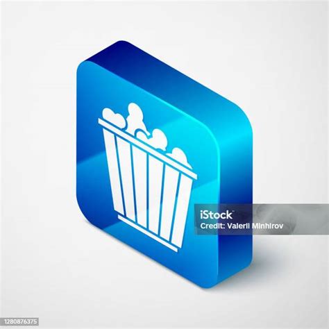 グレーの背景に分離された段ボールボックスのアイコンの等角ポップコーンポップコーンバケツボックス青い四角ボタンベクトル 3dのベクターアート