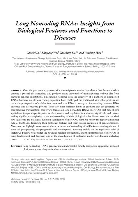 PDF Long Noncoding RNAs Insights From Biological Features And Functions To Diseases