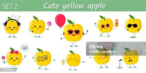 만화 스타일의 다양 한 포즈와 액세서리 10 귀여운 귀 엽 다 노란 사과 문자 세트 벡터 일러스트 레이 션 평면 디자인 감정에 대한 스톡 벡터 아트 및 기타 이미지 Istock