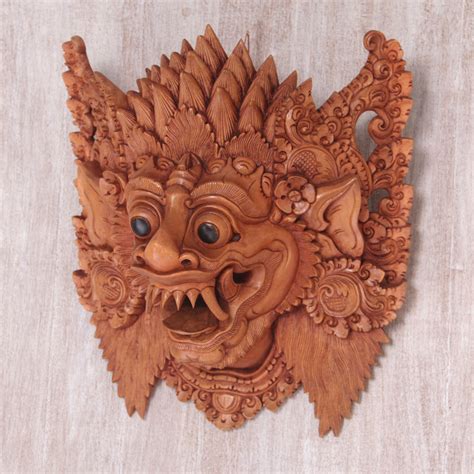 Hand Carved Suar Wood Wall Mask From Bali Great Protector Novica