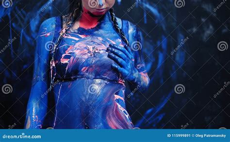 The Girl Blurs The Blue And Pink Paint Erotically On Her Body Touches Herself Pink Paint