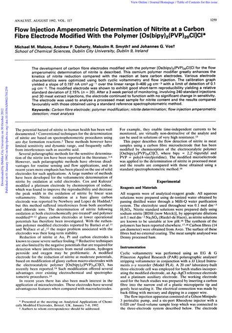 Pdf Flow Injection Amperometric Determination Of Nitrite At A Carbon Fibre Electrode Modified
