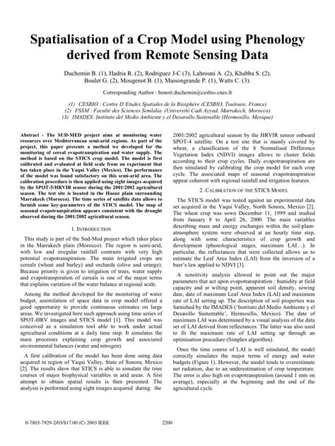 Pdf Spatialisation Of A Crop Model Using Phenology Derived From Remote Sensing Data