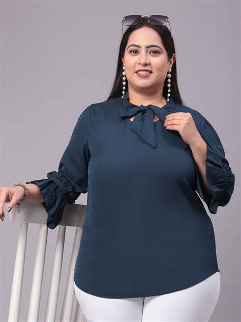 Style Quotient Women Navy Smart Tie Up Neck Plus Size Top Stylequotient