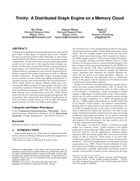 pdf trinity a distributed graph engine on a memory cloud