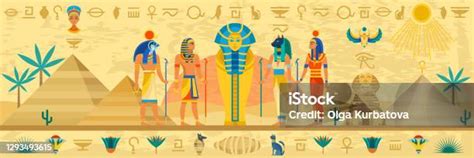고대 이집트 이집트 신화 스토리 상형 문자 프레임 종교 건축과 장식 파라오 석관 신과 피라미드 벡터 수평 포스터와 우상 동상