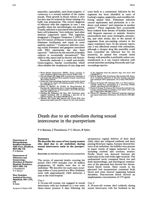 Death Due To Air Embolism During Sexual Intercourse In The Puerperium Pmc