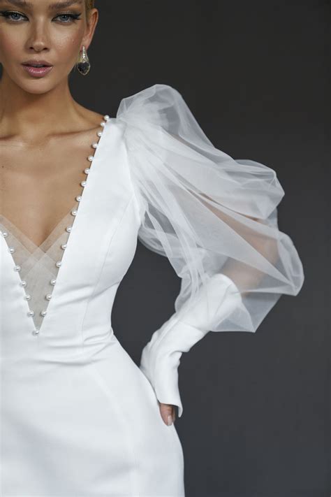 Elegant V Neck Midi Wedding Dress With Long Puff Sleeves Alda Wedding