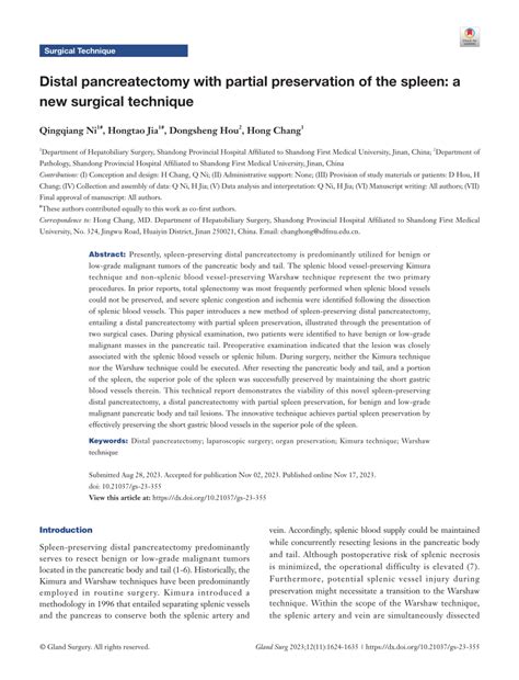 (PDF) Distal pancreatectomy with partial preservation of the spleen: a new surgical technique