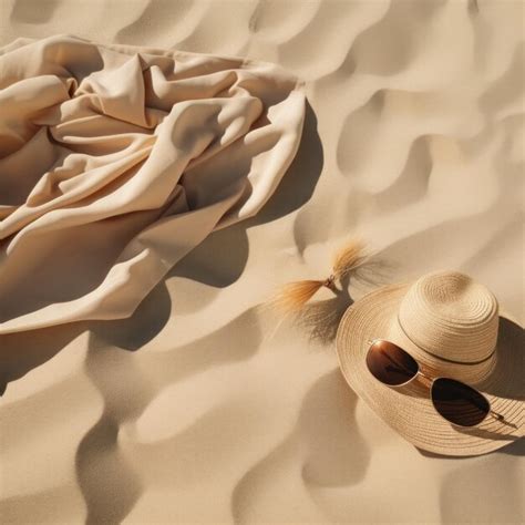 Premium AI Image A Beach Towel Sunglasses And Hat Are In The Sand On A Beach