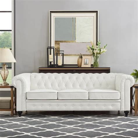 HOMESTOCK In W Round Arm PU Faux Leather Rectangle Chesterfield Sofa Tufted Seat
