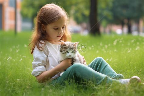 户外和猫咪玩耍的小女孩高清图片下载 正版图片600387229 摄图网