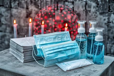 Stack Of Papers Face Masks Hand Sanitizer On Table Candles In