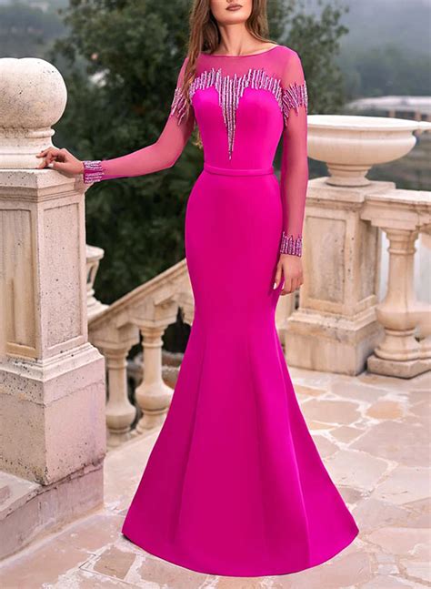 Mermaid Illusion Neck Long Sleeves Sweep Train Evening Dresses With