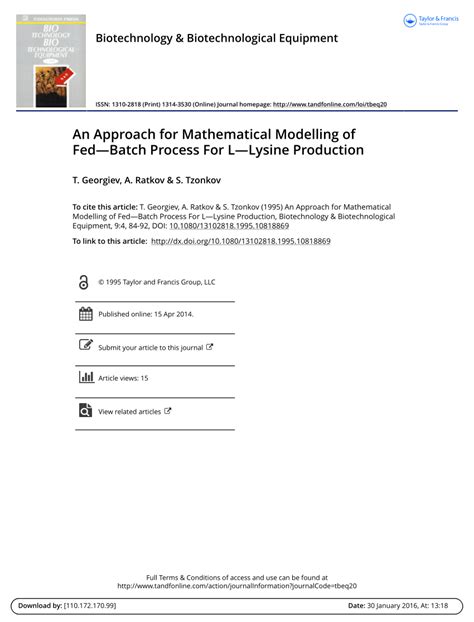Pdf An Approach For Mathematical Modelling Of Fed—batch Process For L—lysine Production
