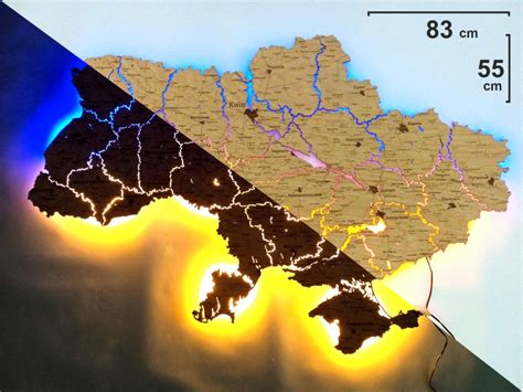 Карта Украины из дерева настенный декор с Led подсветкой Nevet сине желтый 83х55 см 0001208