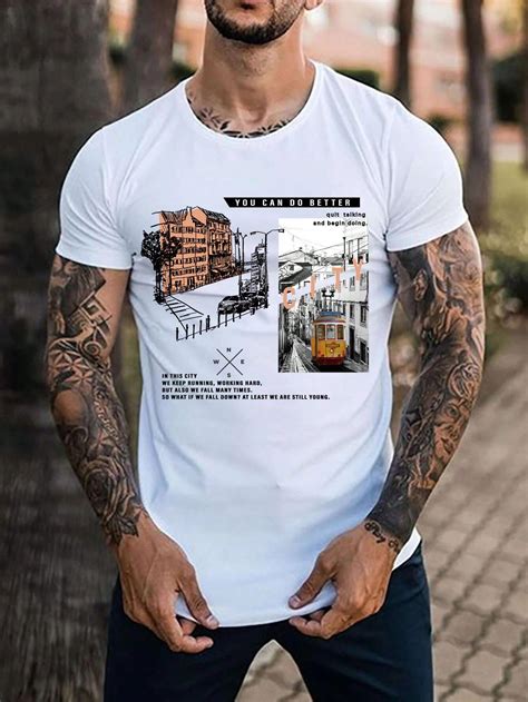 Homens Gráfico De Construção And Slogan Camiseta In 2024 Mens Outfits