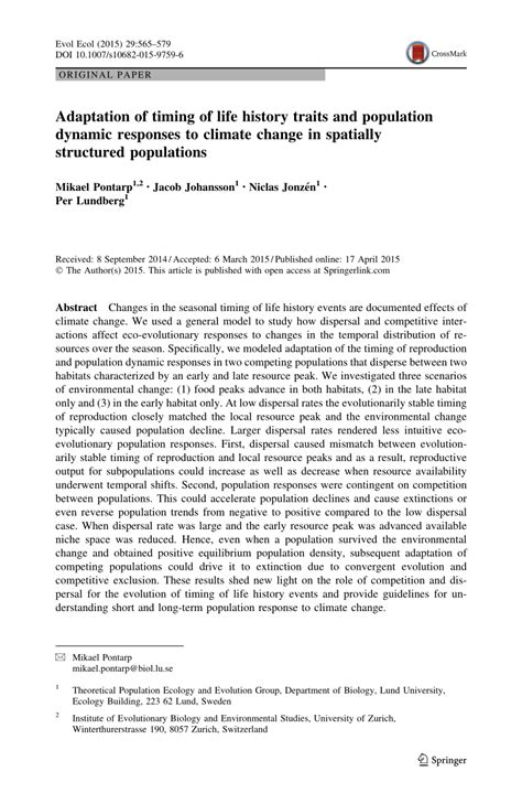 Pdf Adaptation Of Timing Of Life History Traits And Population Dynamic Responses To Climate