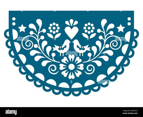 Papel Picado Vector Round Design With Birds Heart And Flowers Mexican
