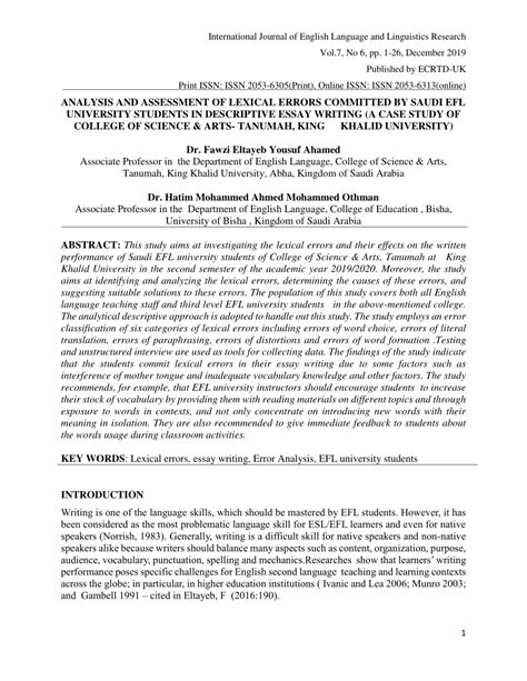 Pdf Analysis And Assessment Of Lexical Errors Committed By Saudi Efl