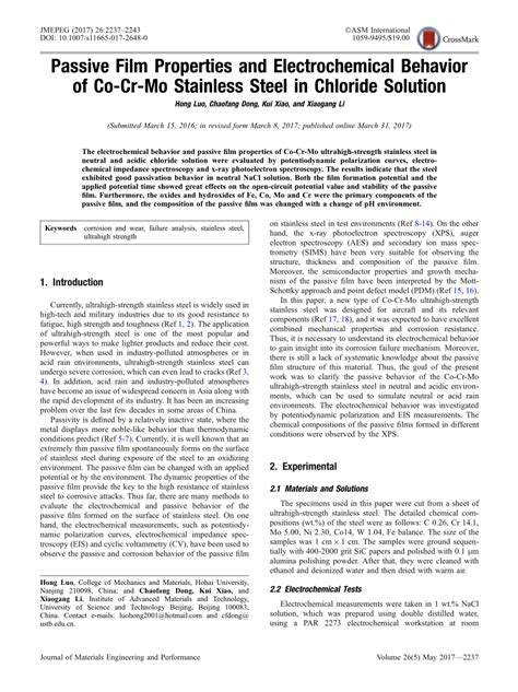 Pdf Passive Film Properties And Electrochemical Behavior Of Co Cr Mo