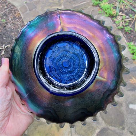 Antique Fenton Blue Captive Rose Carnival Glass Cre Bowl Carnival Glass