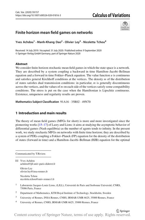 Finite Horizon Mean Field Games On Networks Request Pdf