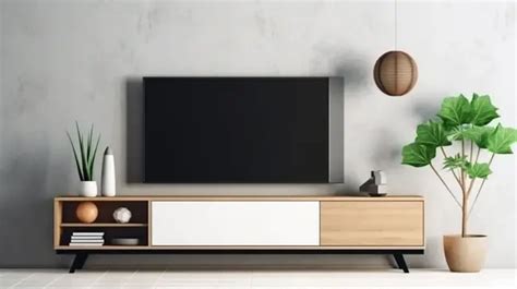 Tv가 있는 목재 Tv 콘솔 흰색 배경에 3d 렌더링 갈색 나무 Tv 스탠드와 격리된 화분 고화질 사진 사진 배경 일러스트