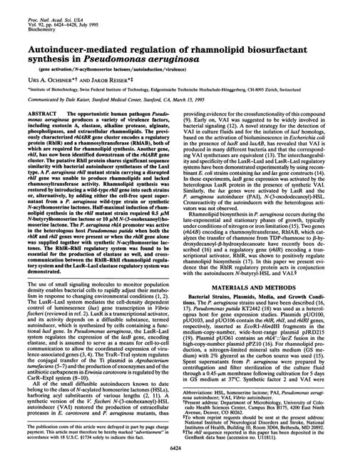 Autoinducer Mediated Regulation Of Rhamnolipid Biosurfactant Synthesis