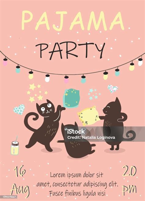 파자마 파티에 초대 3 마리의 고양이 장난 베개 싸움 하트 칵테일 별 화환 밤샘 파티에 대한 스톡 벡터 아트 및 기타 이미지 밤샘 파티 배경 주제 파자마 Istock