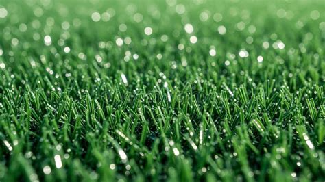 Detailed Texture Of Wet Green Artificial Grass With Shimmering Water